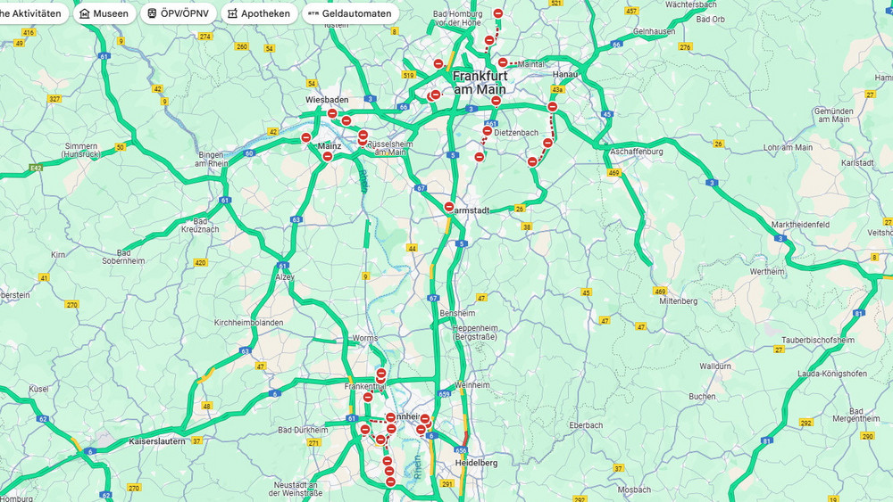 Bei Google Maps: Angebliche Autobahn-Sperrungen rund um Frankfurt